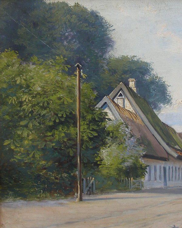 Carl Lund ( Danish, 1857) Village landscape with telegraph pole. Dated ...